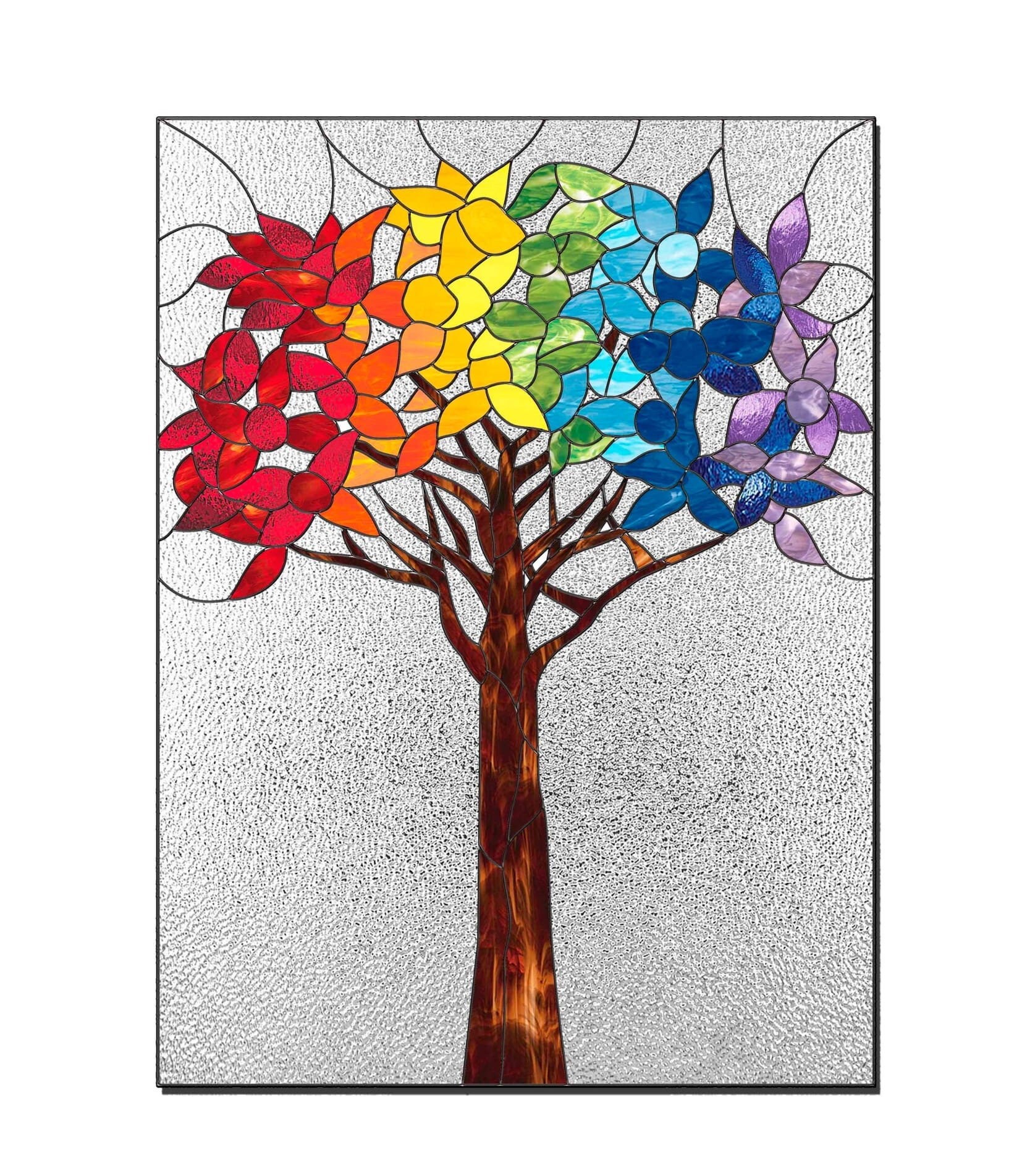Stained Glass Pattern Tree, Colorful Leaves Pattern, Rainbow Stained ...