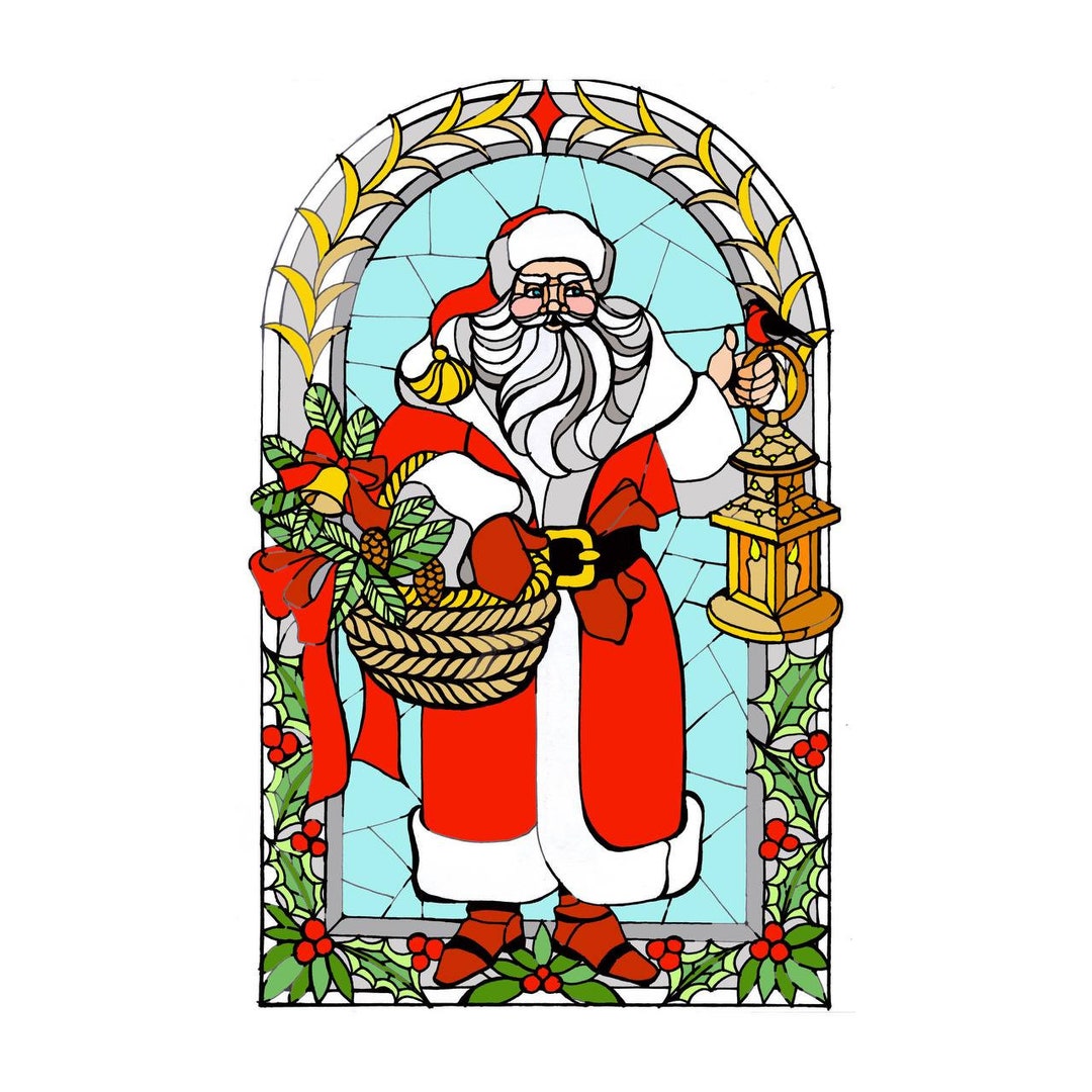 Christmas Stained Glass Window Panel Pattern Xmas Santa Claus With
