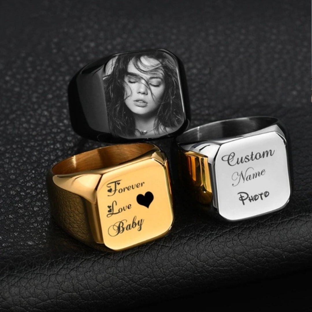 Personalized Engraved Ring Custom Photo Signet Ring Dainty Picture Ring ...