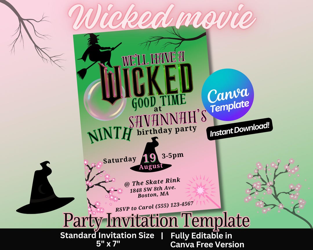 Wicked Movie Birthday Party Invitation Pink and Green | Elphaba Glinda ...