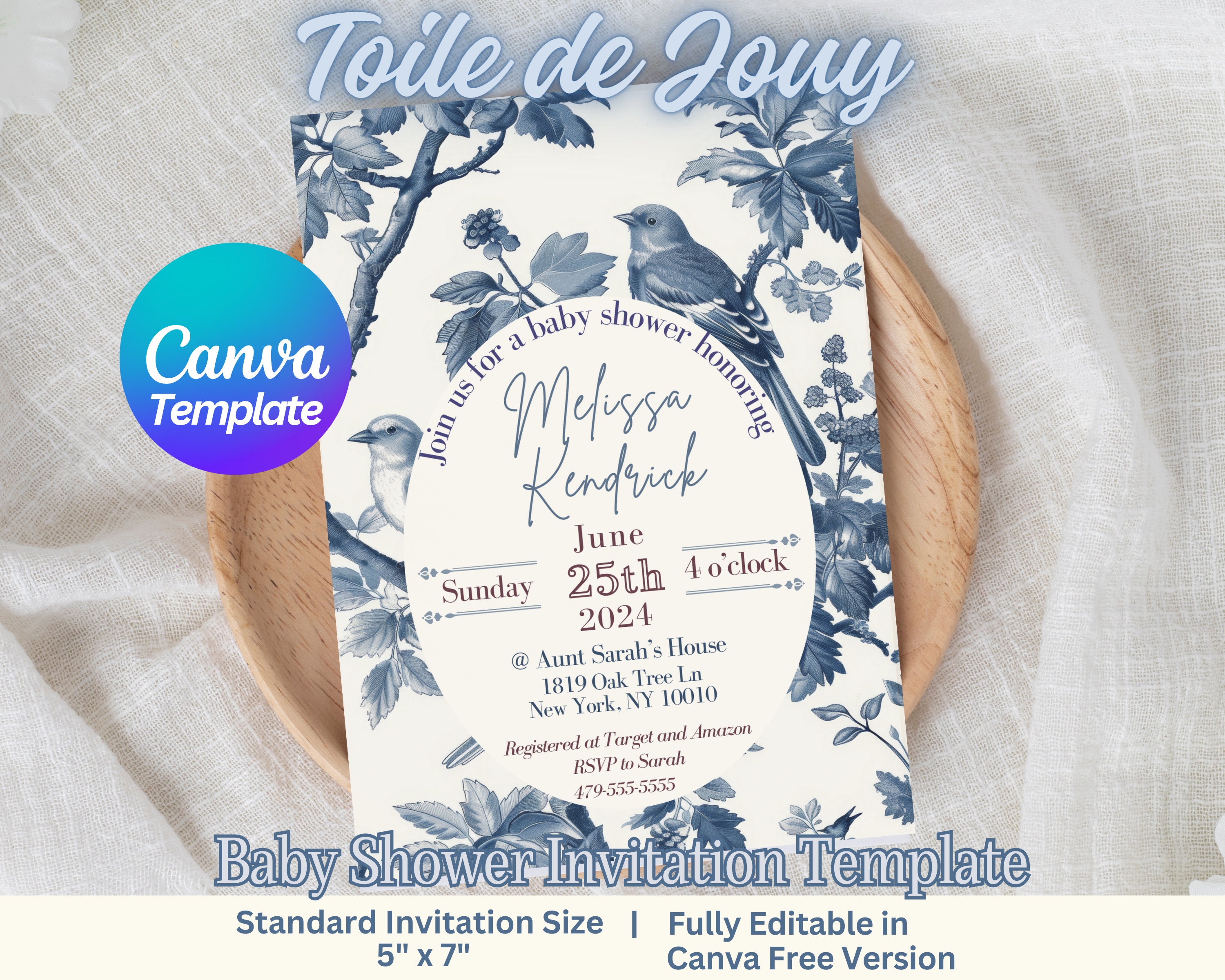 Toile De Jouy Baby Shower Invitation | Blue Bird Baby Shower Invitation ...
