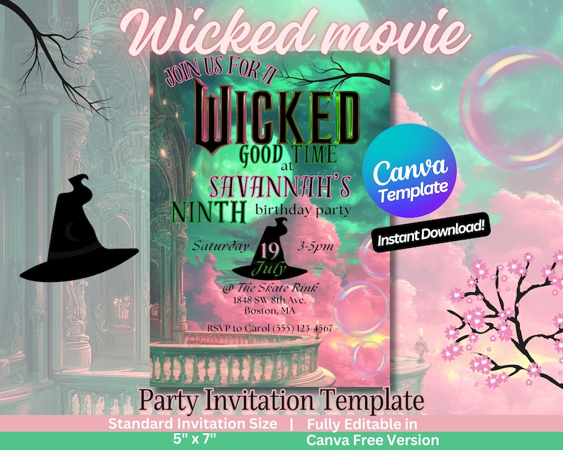 Wicked Movie Birthday Party Invitation Pink and Green | Elphaba Glinda ...