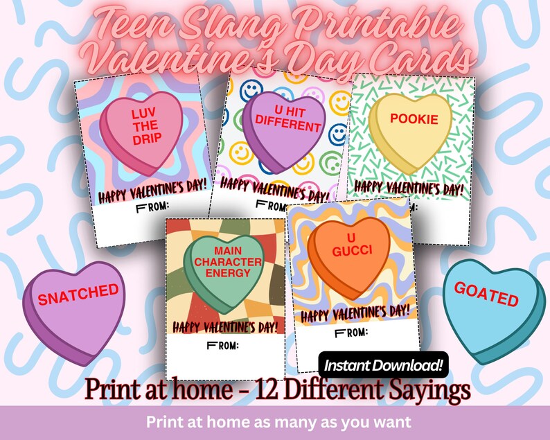Teen Slang Valentine's Cards 12 Designs Printable | Gen Z Gen Alpha Kid ...
