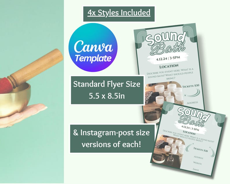 Sound Bath Event Flyers Sage Green | Canva Templates | 4 Styles for ...