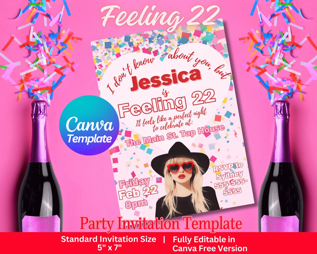 Feeling 22 Birthday Invitation | Taylor Digital Invitation | Red Aesthetic Canva Editable ...