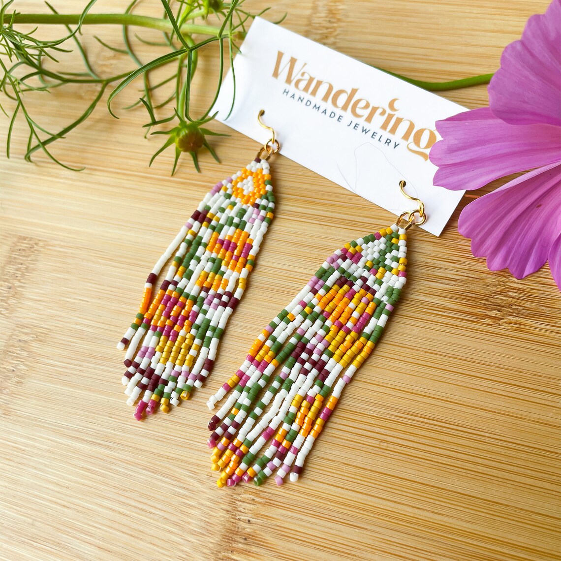 Floral Beaded Earrings, Hand-woven Seed Bead Earrings, Flower Dangle ...