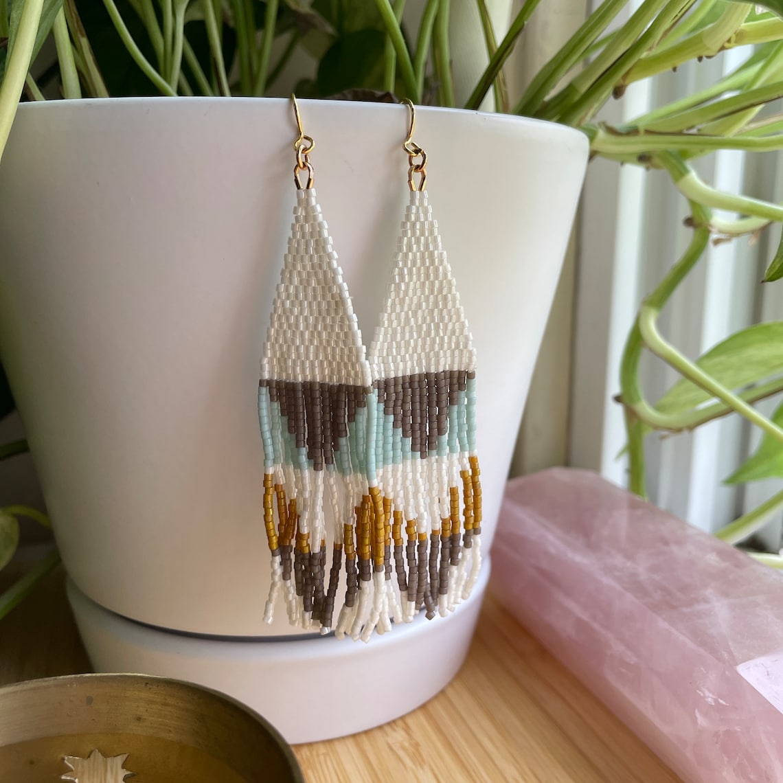 Boho Beaded Dangle Earrings, Hand Woven Beaded Earrings, Color Block ...