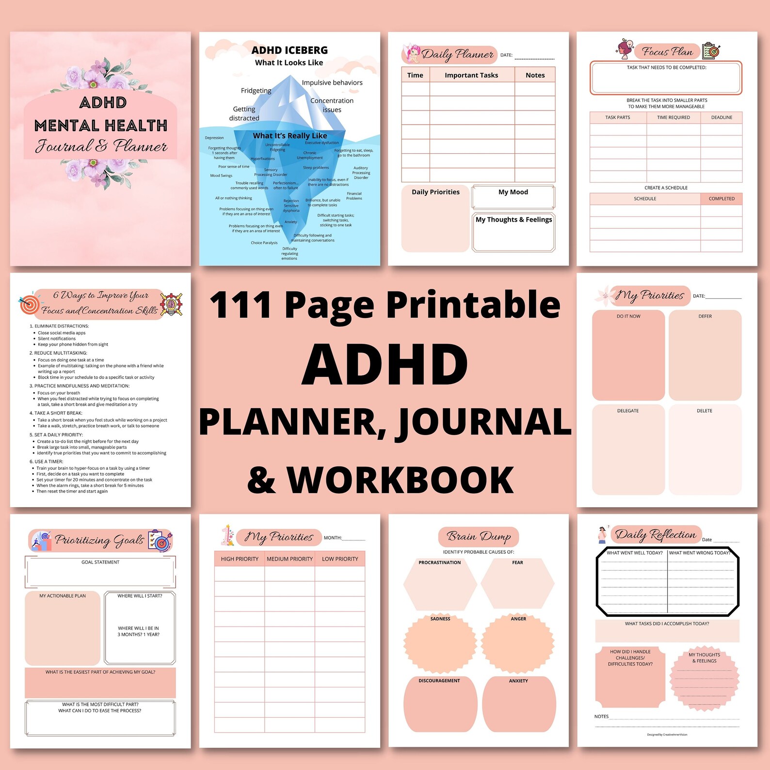 ADHD Planner Printable, ADHD Workbook and Journal, CBT Anxiety ...
