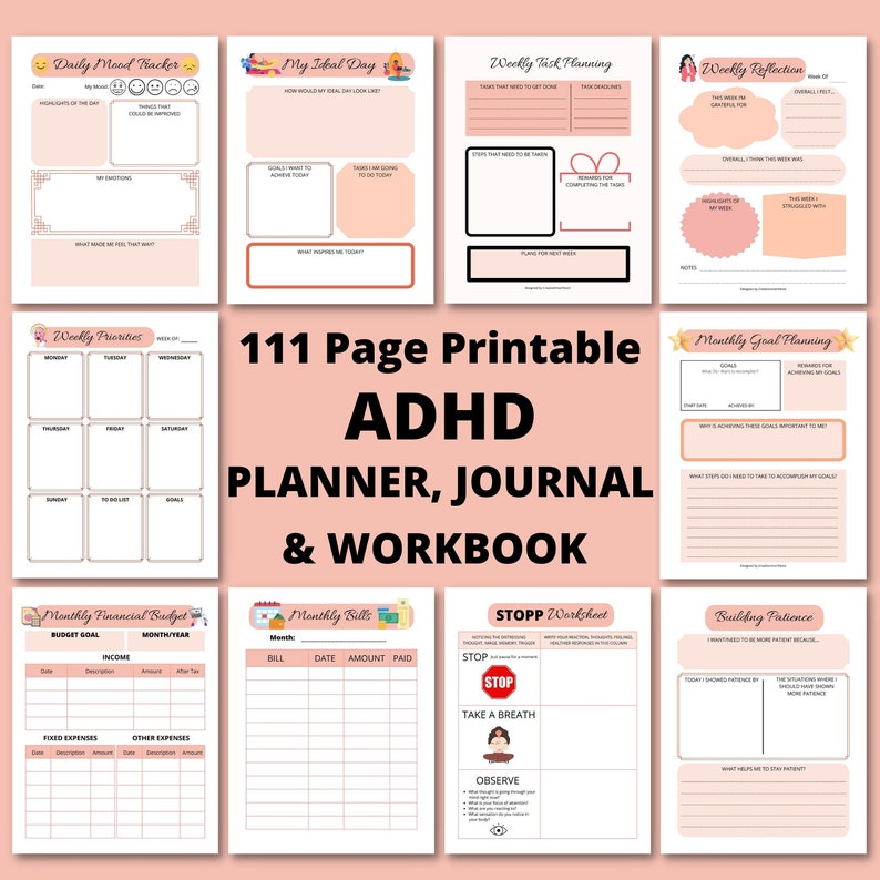 ADHD Planner Printable, ADHD Workbook and Journal, CBT Anxiety ...