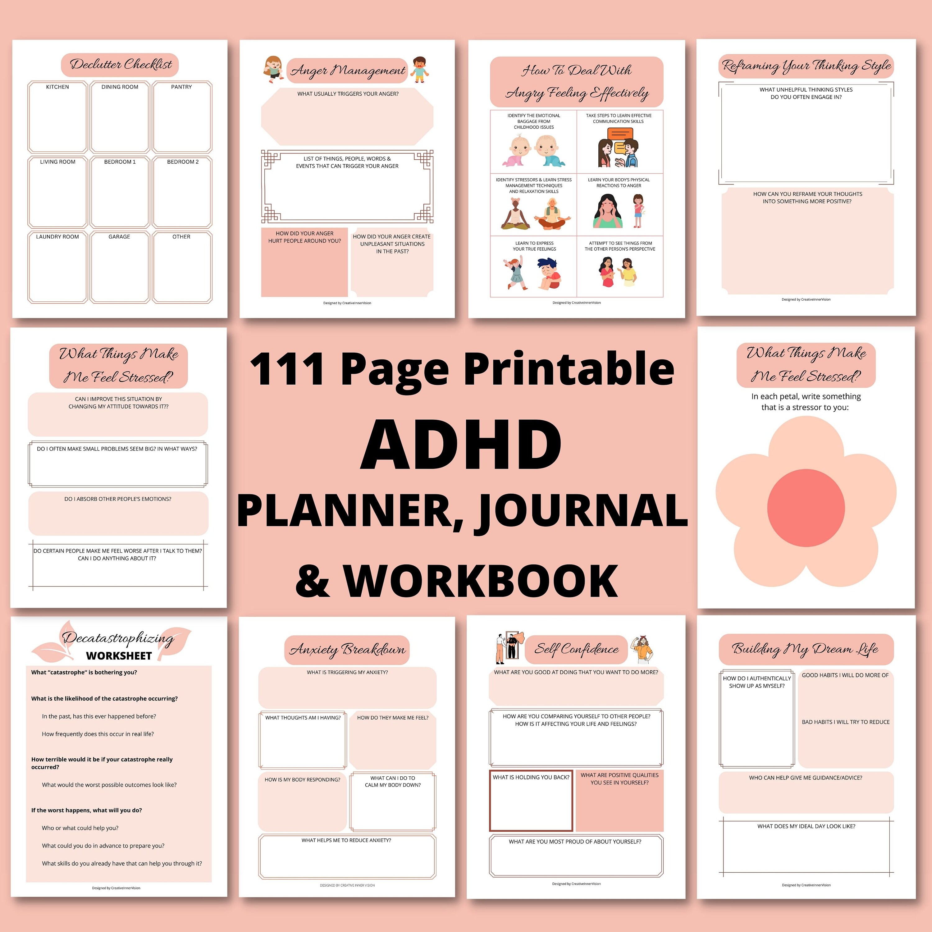ADHD Planner Printable, ADHD Workbook and Journal, CBT Anxiety ...
