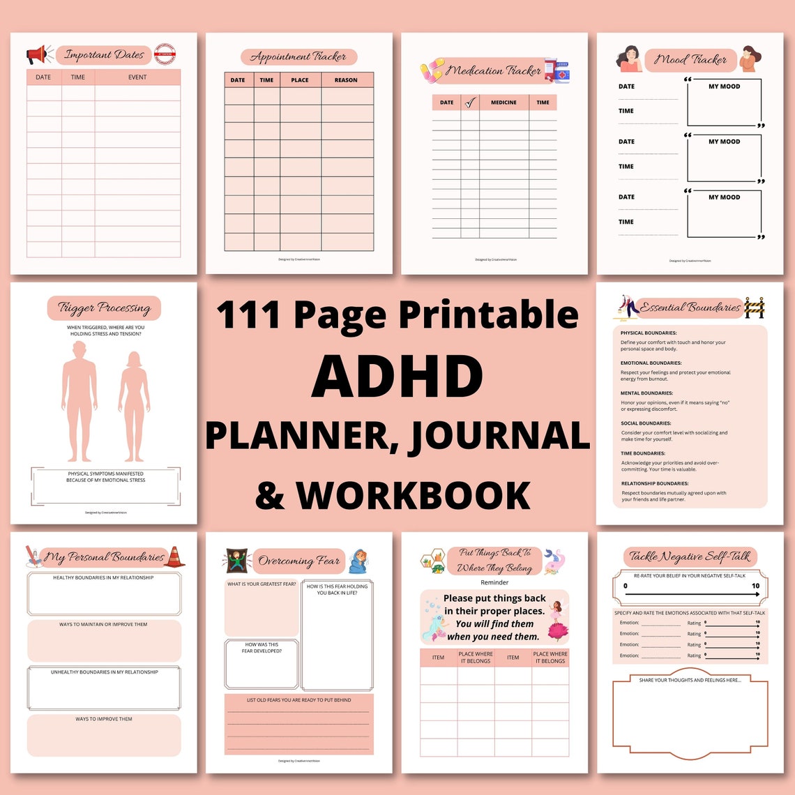 ADHD Planner Printable ADHD Workbook and Journal CBT Anxiety - Etsy