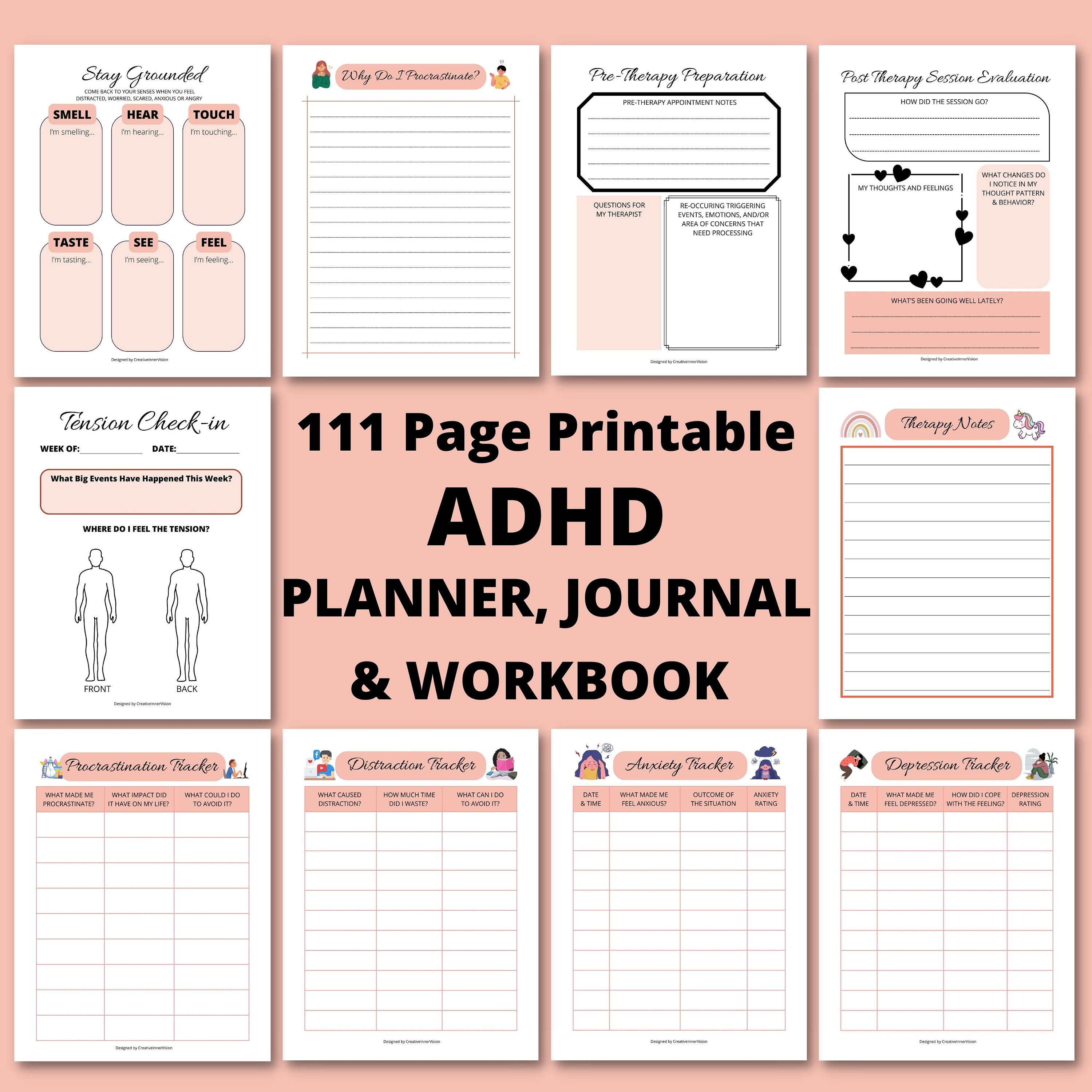 ADHD Planner Printable, ADHD Workbook and Journal, CBT Anxiety ...