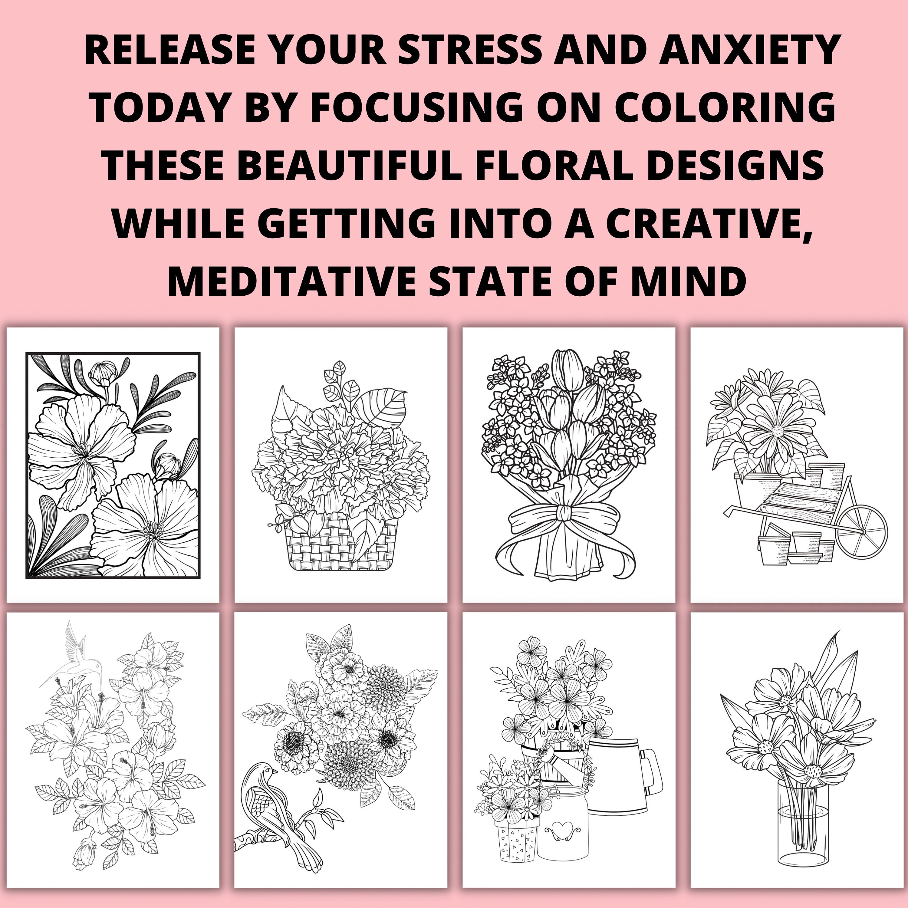50 Beautiful FLOWER Designs: PRINTABLE Coloring Pages for Stress and ...