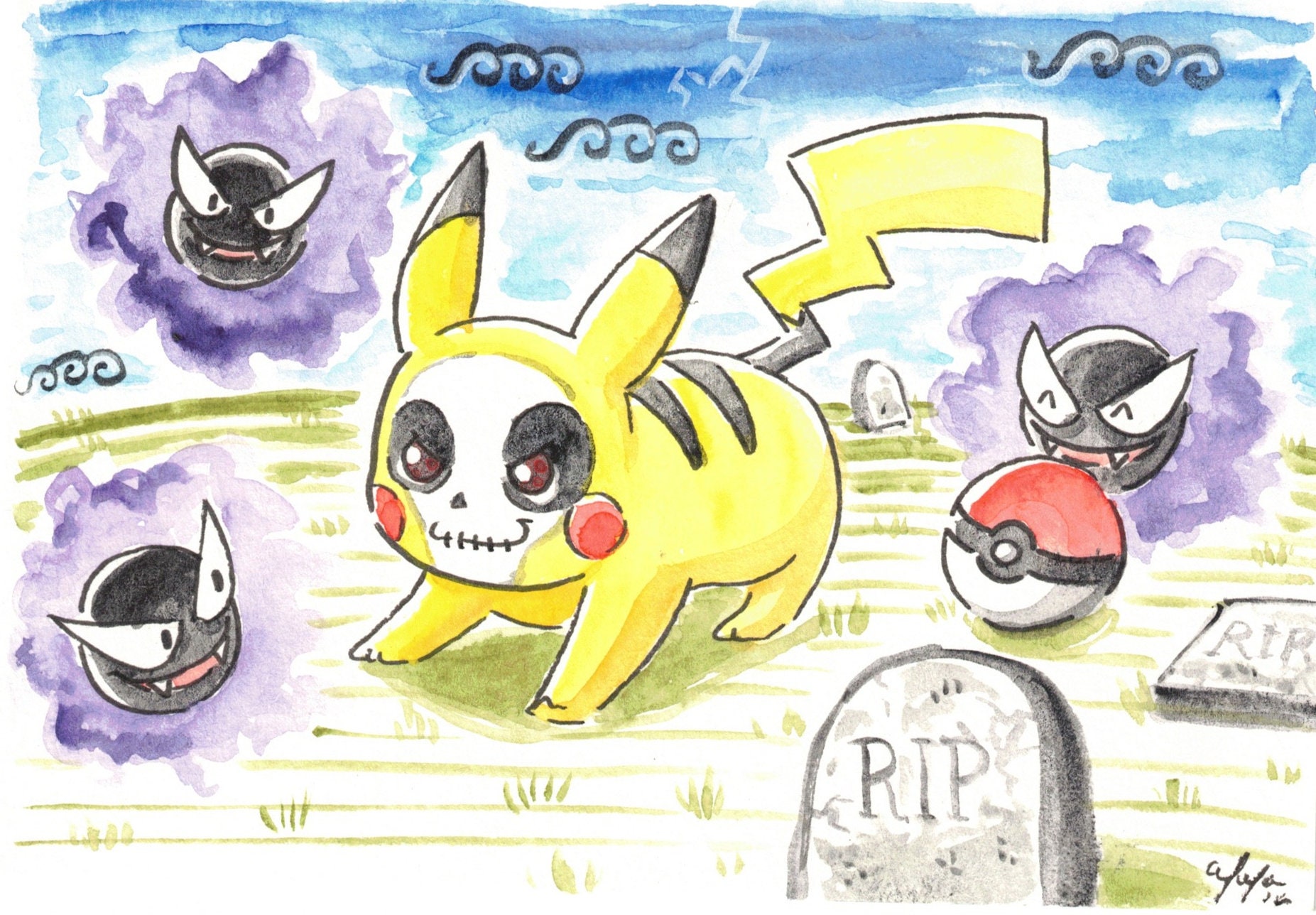 Pikachu & Gastly Spooky Halloween Scene Original Watercolor Painting - Etsy