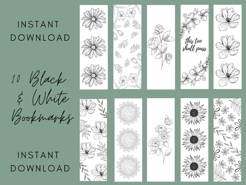 Set of 10 Floral Digital Black & White Bookmarks, Printable Bookmarks ...