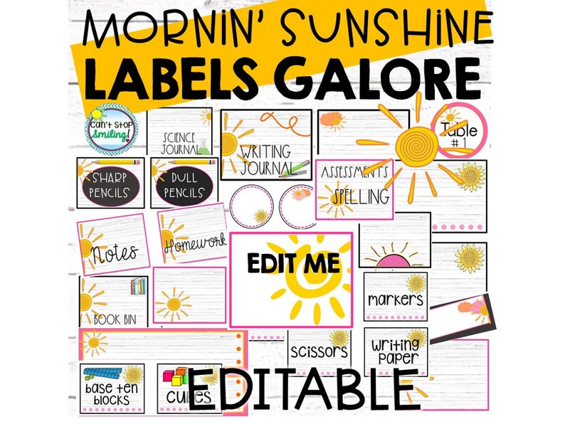Sunshine Classroom Decor Labels Galore Including Supplies Notebooks and ...