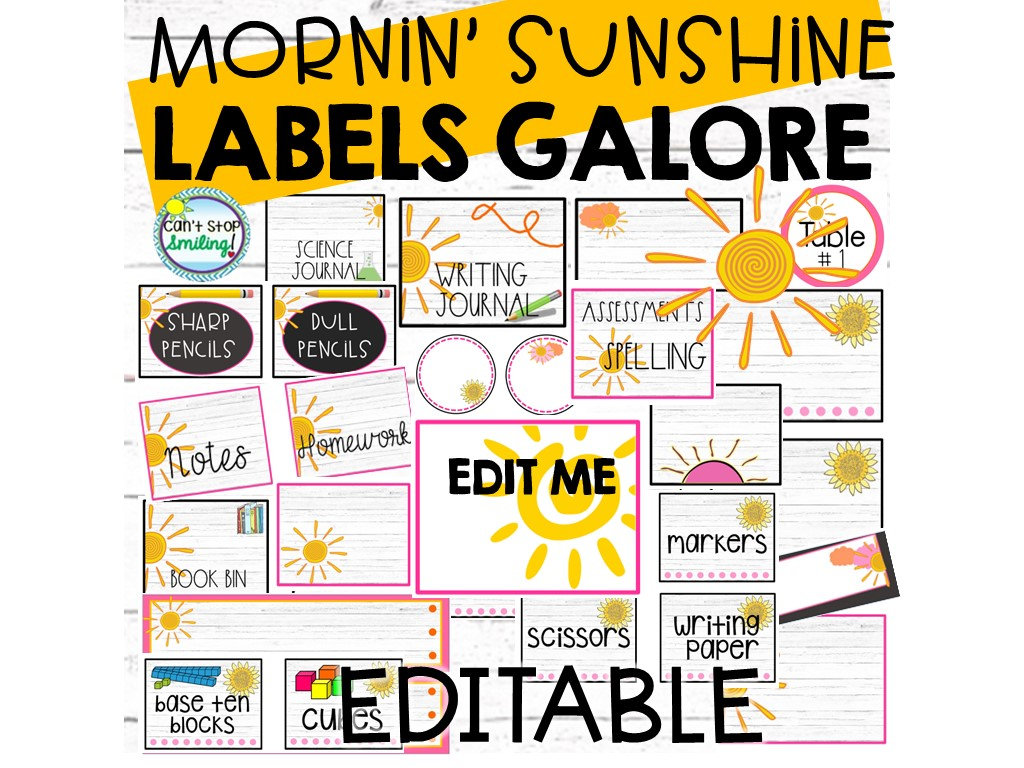 Sunshine Classroom Decor Labels Galore Including Supplies Notebooks and ...