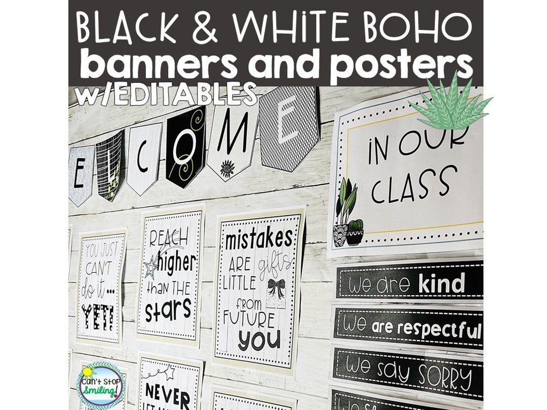 BOHO BLACK and WHITE Decor Classroom Posters Welcome Banners and Signs ...
