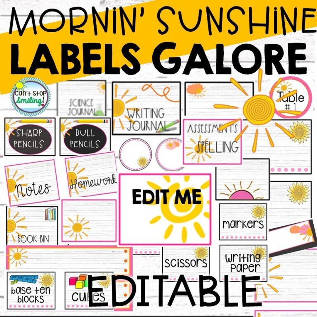 Sunshine Classroom Decor Labels Galore Including Supplies Notebooks and ...