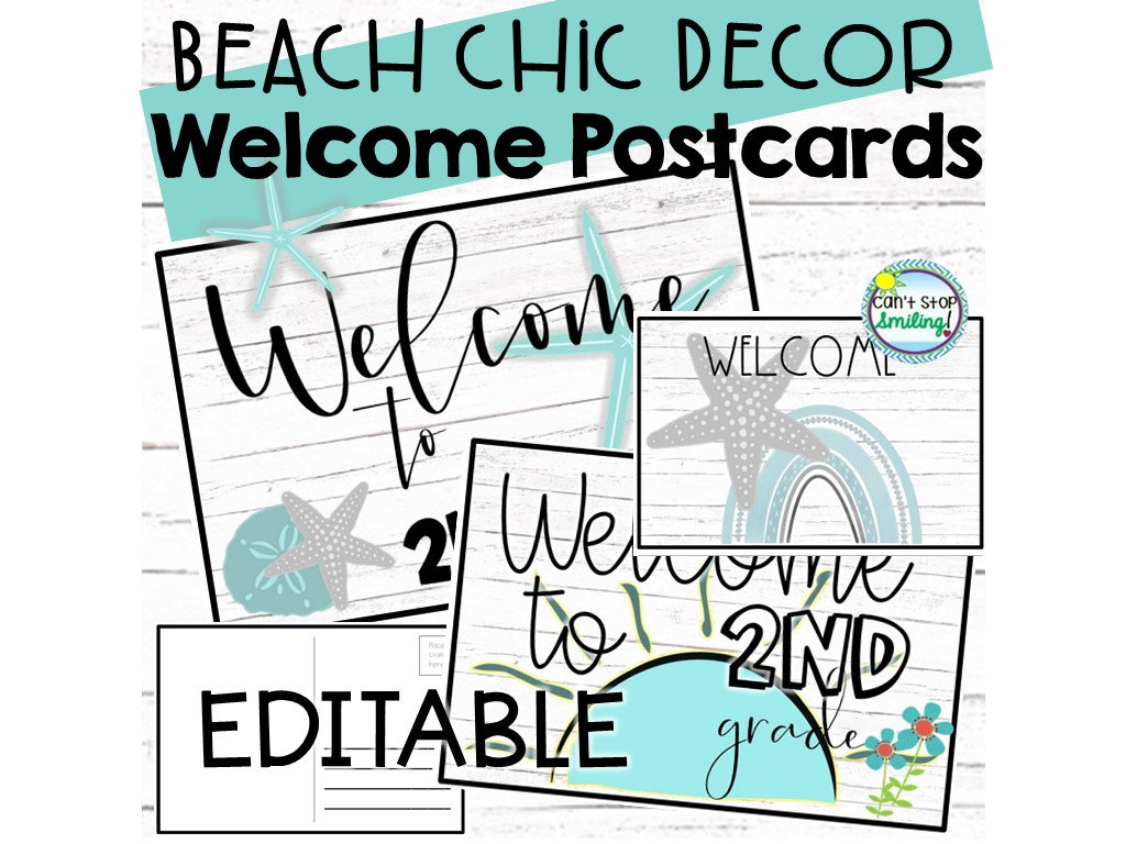 Welcome Back to School EDITABLE Postcards in Beach Theme Use ALL YEAR ...