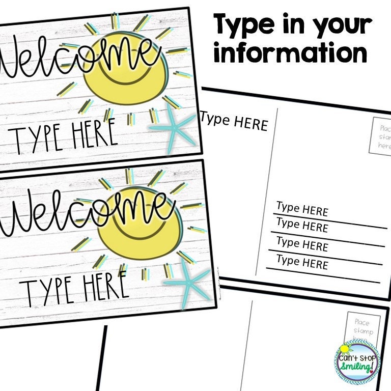 Welcome Back to School EDITABLE Postcards in Beach Theme Use ALL YEAR ...