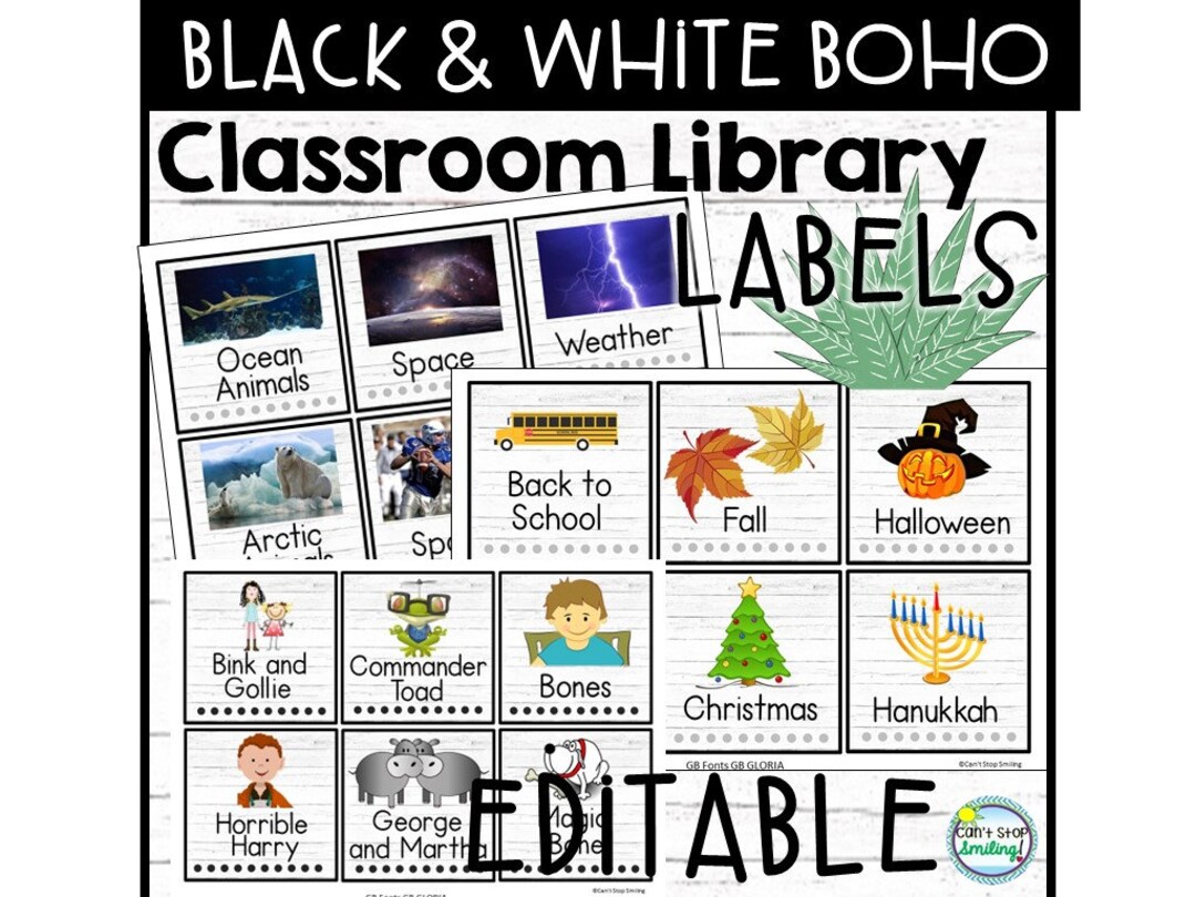 Editable Classroom Library Labels Black and White Boho - Etsy