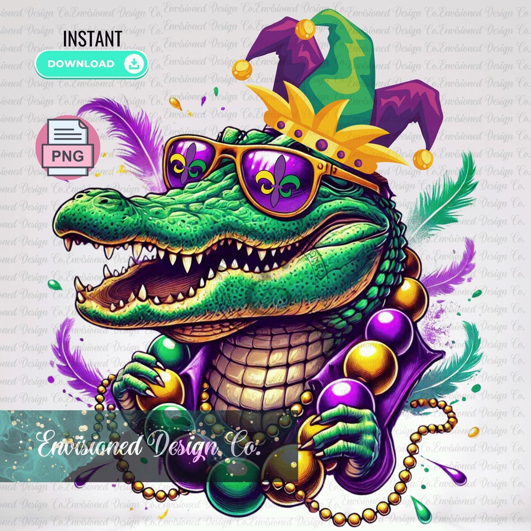 Mardi Gras Gator Png, Green and Gold Mardi Gras Alligator in Shades ...