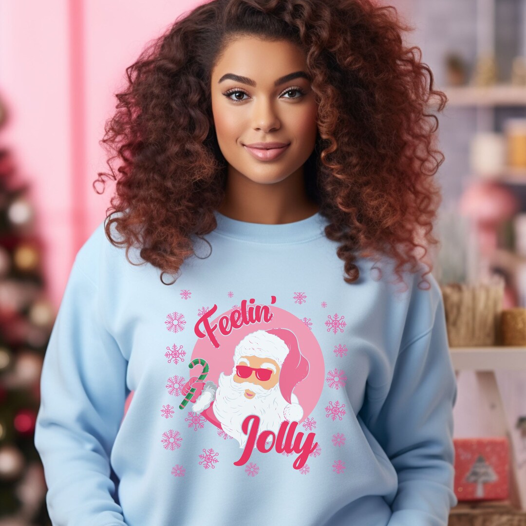 Feelin' Jolly Pink Christmas Crewneck Sweatshirt, Pink Santa Holiday ...