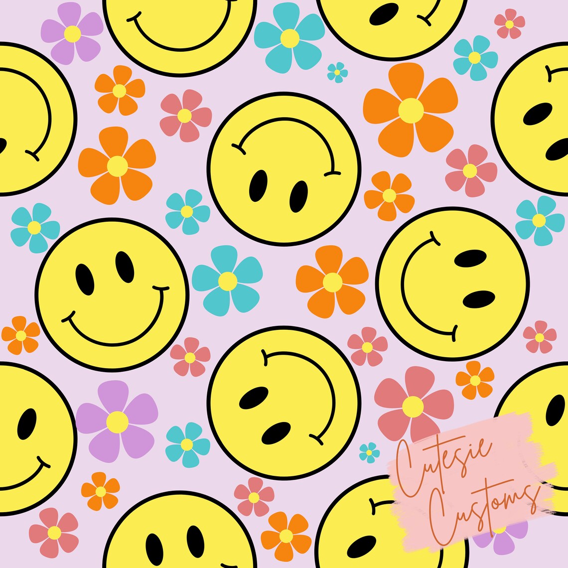 Smiley Faces Flowers Pattern, Digital Seamless Design, Fabric Prints ...