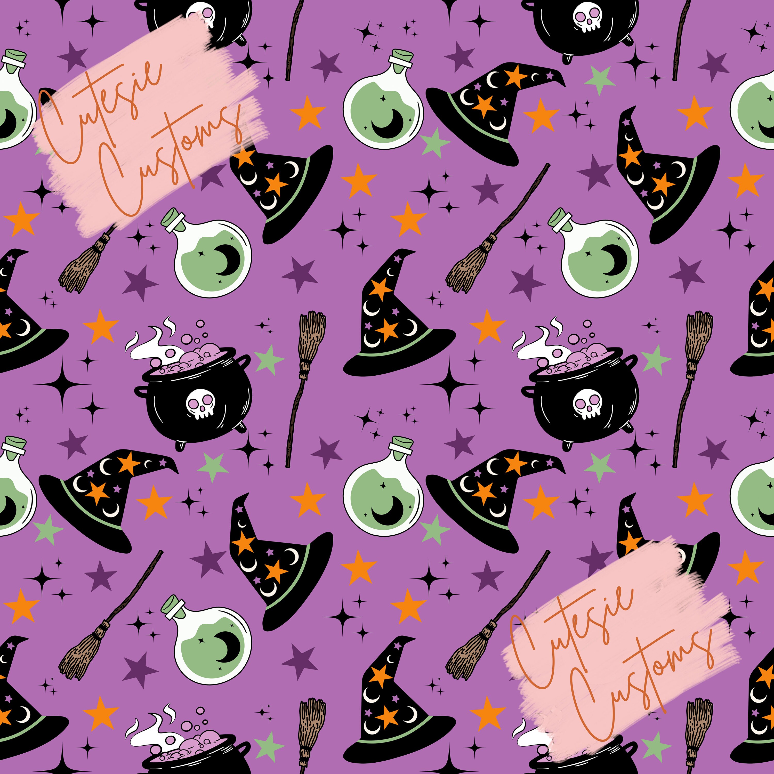 Witch Halloween Pattern, Digital Seamless Design, Fabric Print, Fabric ...
