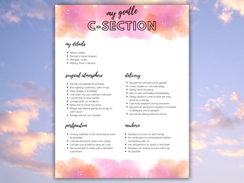 Editable Gentle C-section Birth Plan Canva Template, Customize Your ...