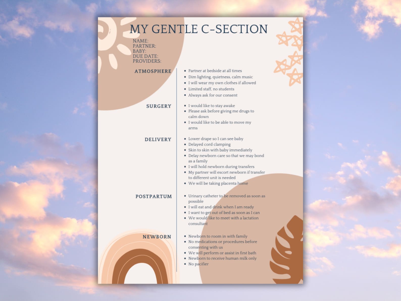 Editable Gentle C-section Birth Plan Canva Template, Customize Your ...
