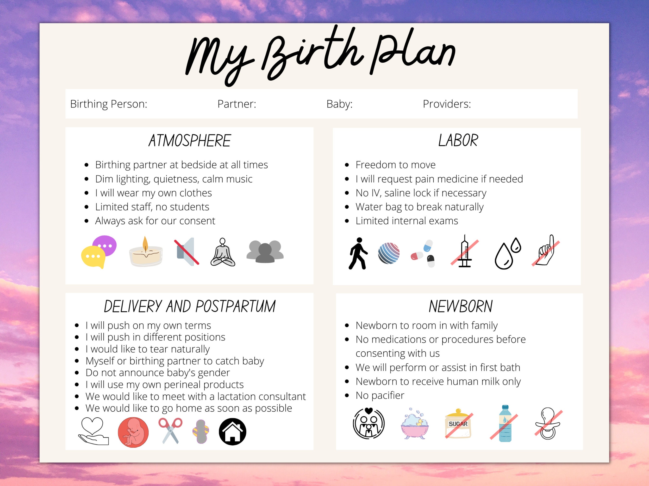 Editable Birth Plan Canva Template, Simple Icons Birth Wishes ...