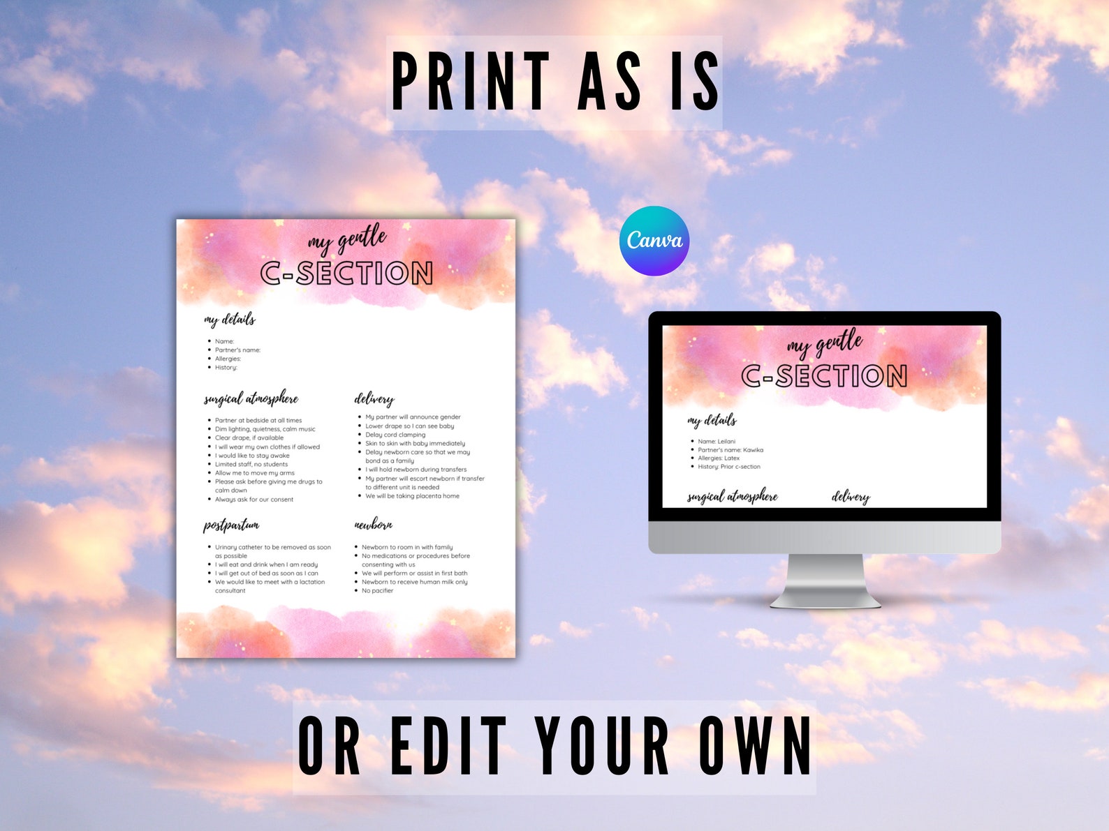 Editable Gentle C-section Birth Plan Canva Template, Customize Your ...