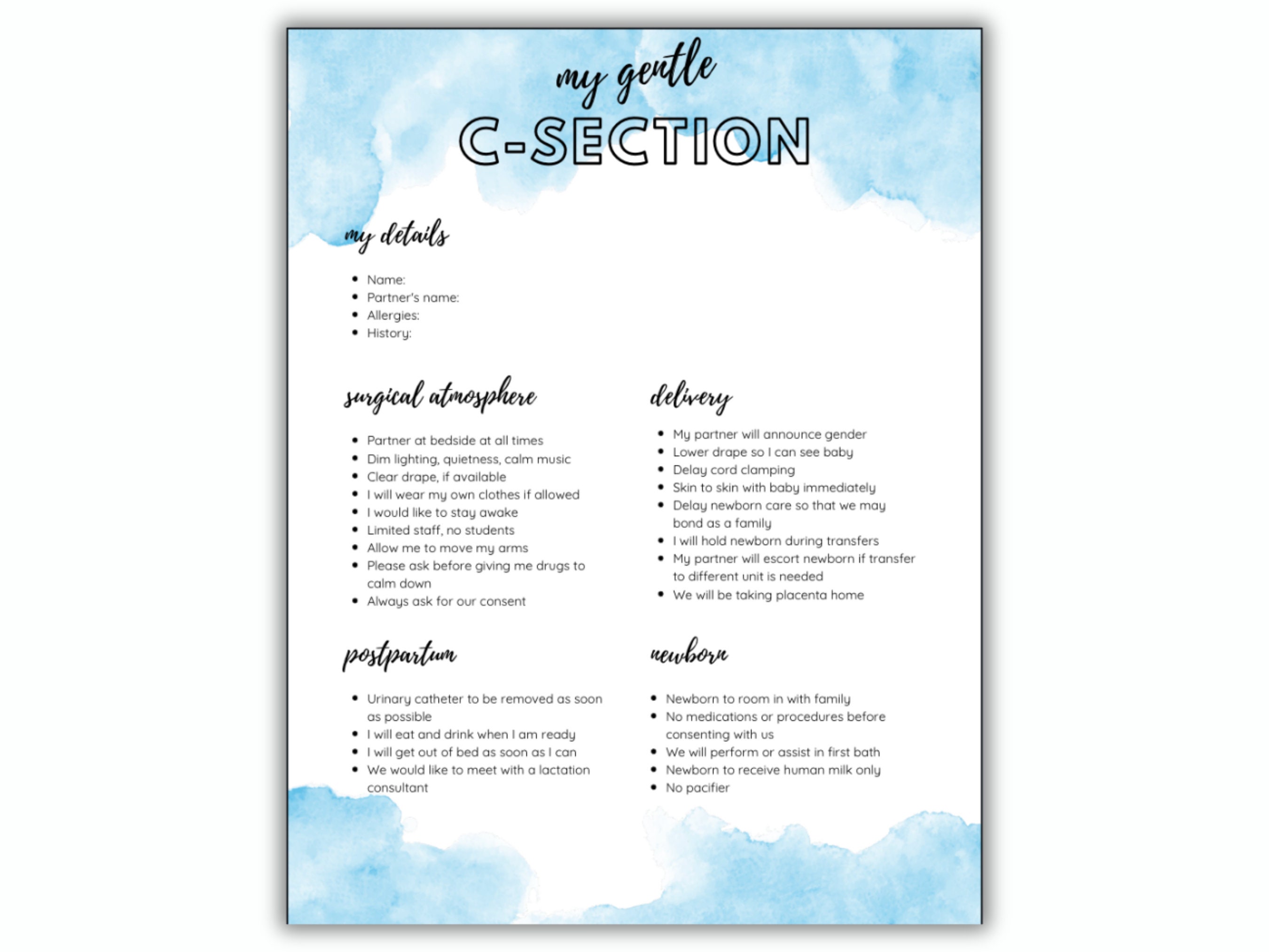 Editable Gentle C-section Birth Plan Canva Template, Customize Your ...