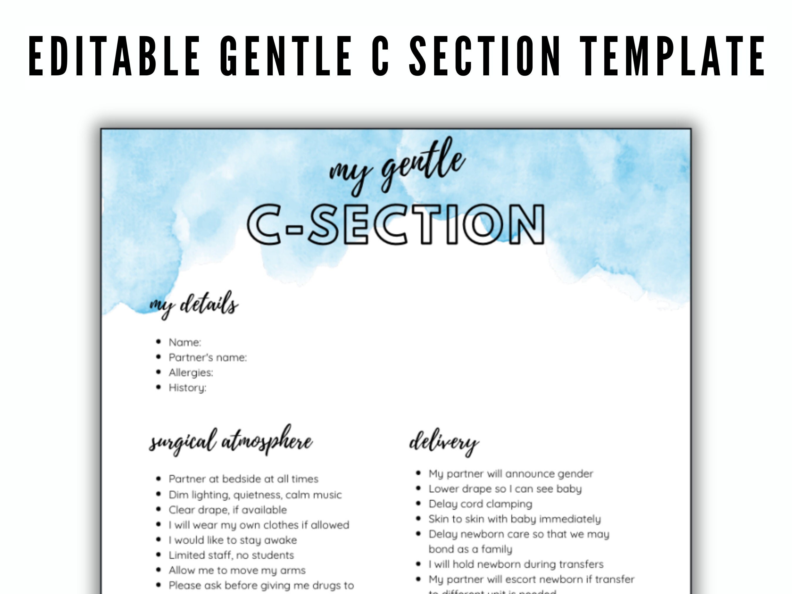 Editable Gentle C-section Birth Plan Canva Template, Customize Your ...