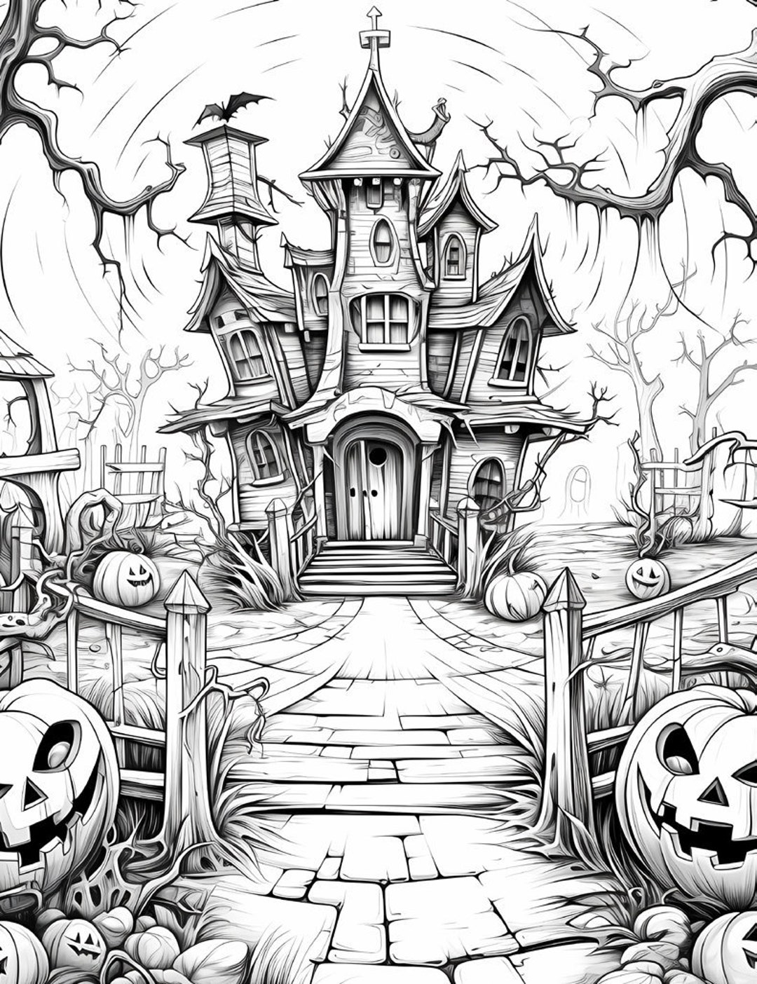 16 Adult Grayscale Haunted Houses Halloween Coloring Pages! - Book1 ...