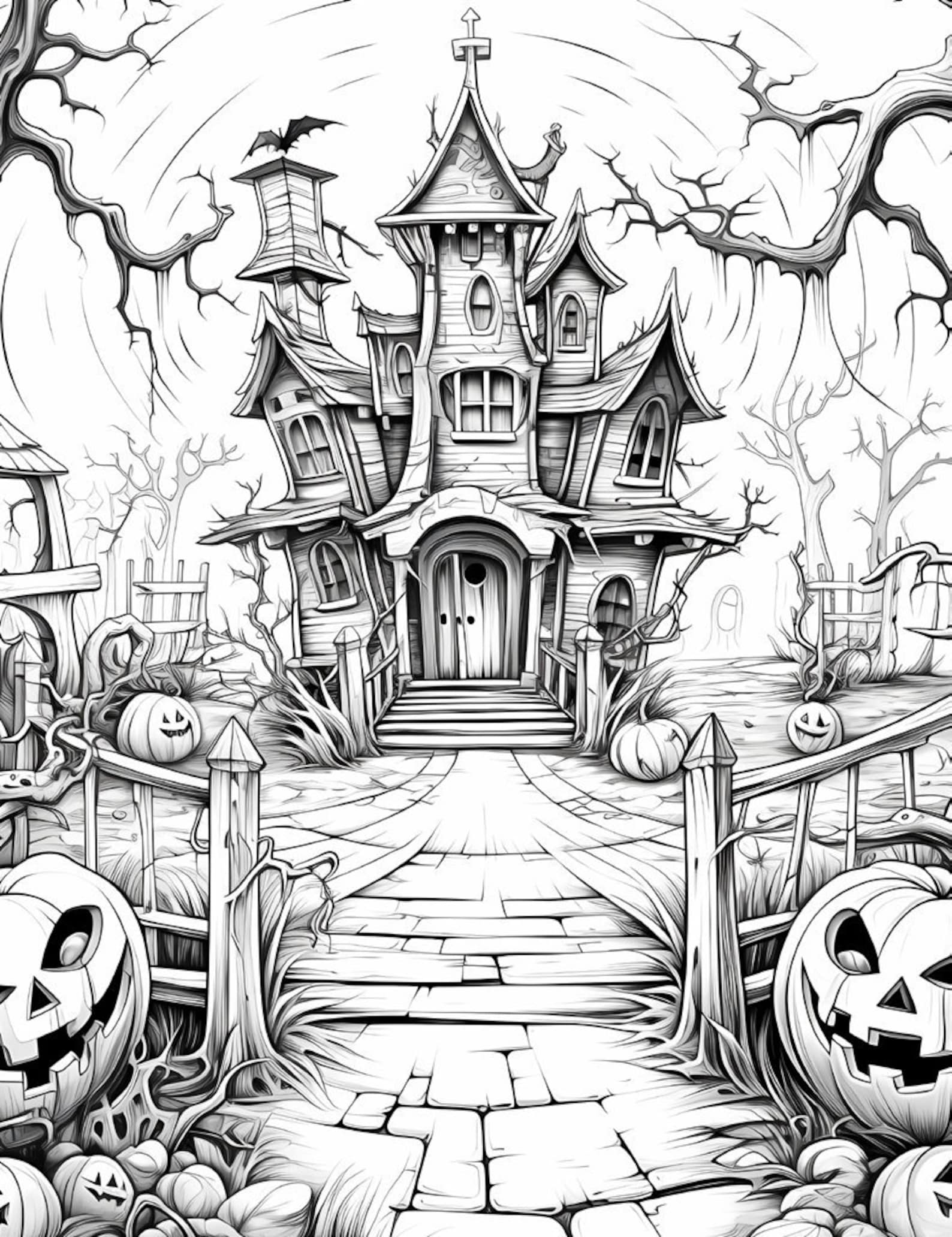 16 Adult Grayscale Haunted Houses Halloween Coloring Pages! - Book1 ...