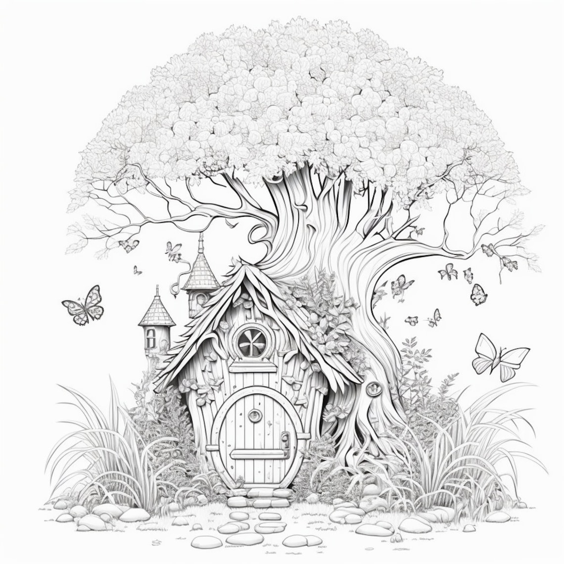 50 Adult Grayscale Coloring Pages - Fairy Houses Adult Printable Book ...