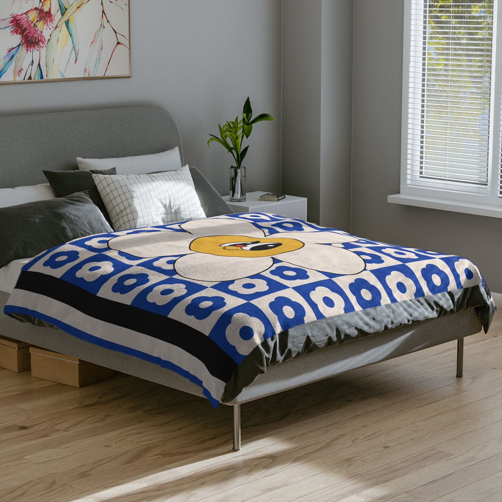 Retro Flower Blanket Retro Smiling Flower Checkerboard Throw Y2k ...