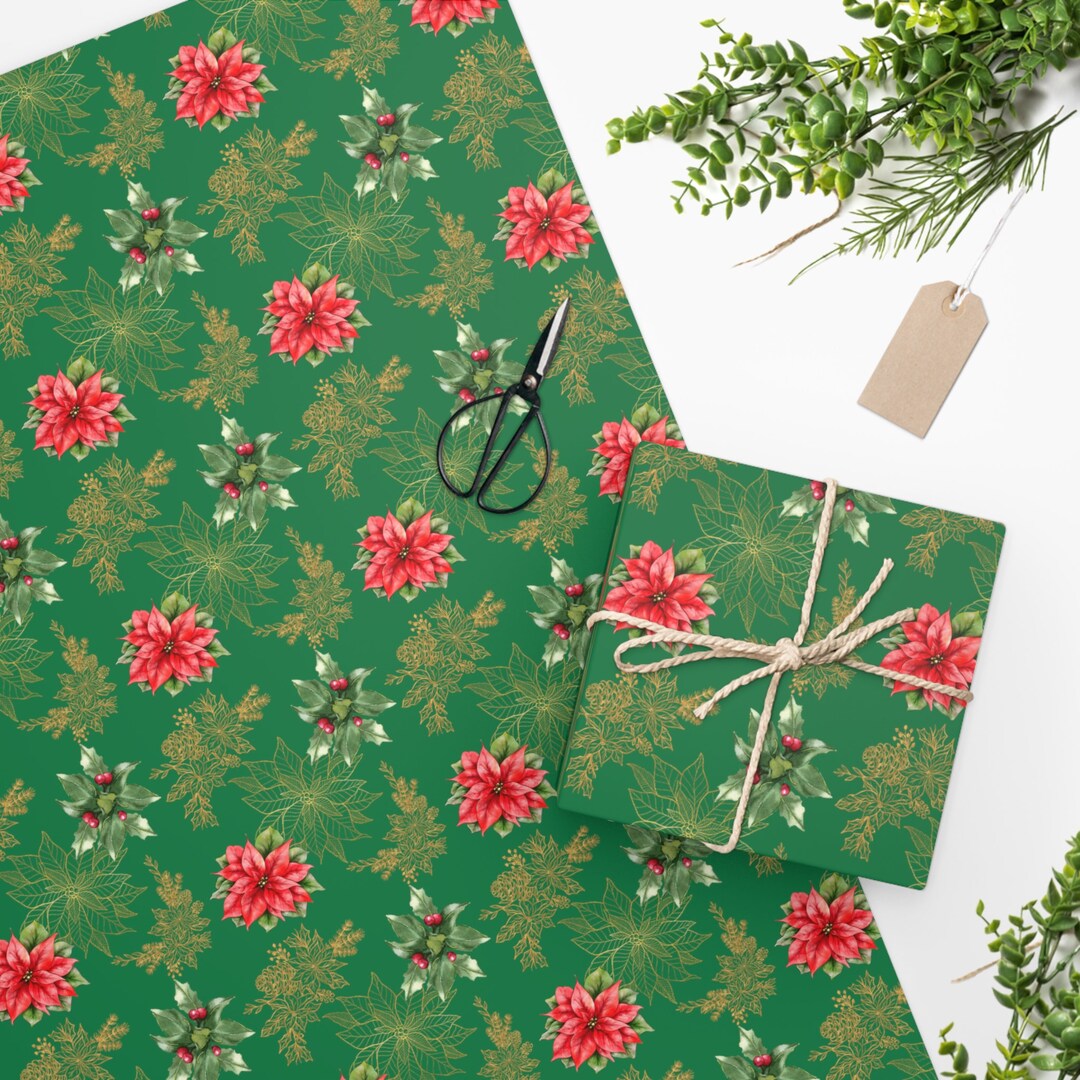Poinsettia Christmas Wrapping Paper, Holiday Flowers Gift Wrap ...