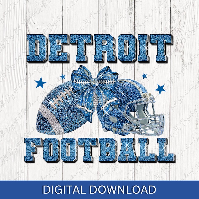 Detroit Football Glitter PNG, Blue Sparkle Helmet & Bow, Rhinestone ...