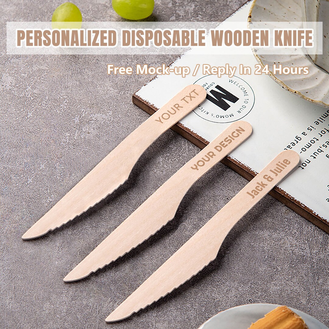 Personalized Disposable Wooden Knife, Custom Text Natural Wood Utensil ...