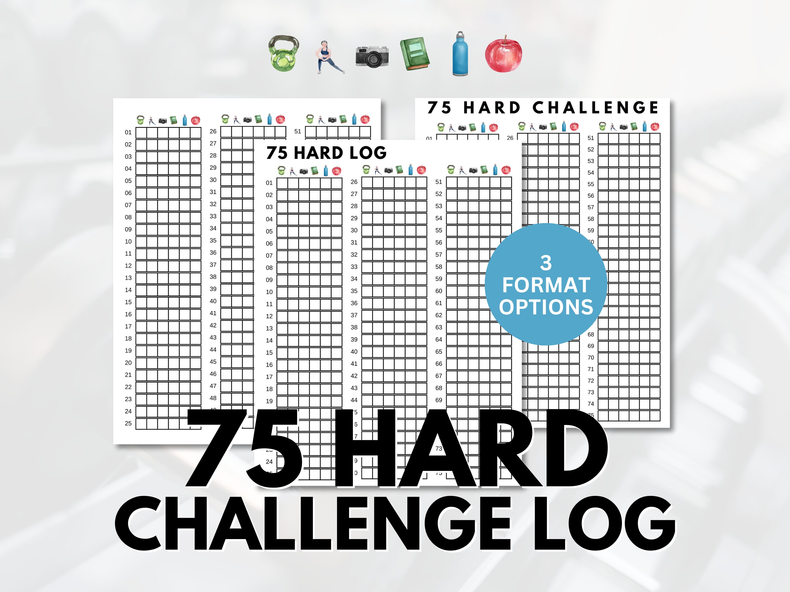 75 Hard Challenge Tracker Printable Modern Watercolor Icon Design 75 ...