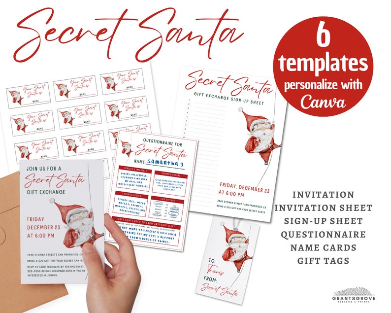 Secret Santa Printable Bundle Modern Watercolor Templates for Work Gift ...
