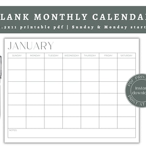 Blank Monthly Calendar Landscape Template, Printable Calendar Blank ...