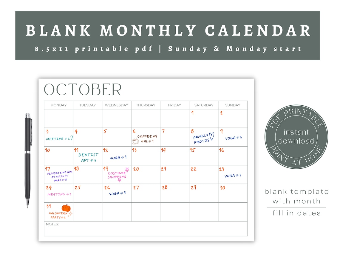Blank Monthly Calendar Landscape Template, Printable Calendar Blank ...