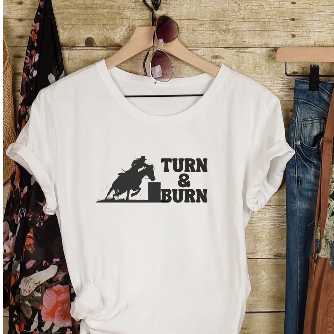 Barrel Racing T-shirt Turn and Burn Rodeo Cowgirl Tee Western Horse ...