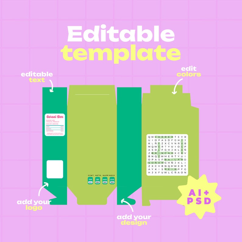Cereal Box Template / Editable AI + PSD / Cereal Box Cutting File - Etsy
