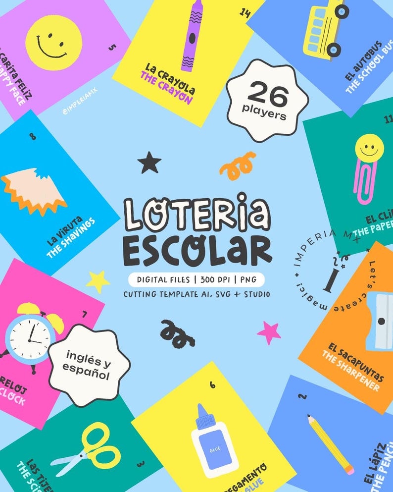 DIGITAL - 26 players - Juego de Loteria de útiles escolares, Bingo ...
